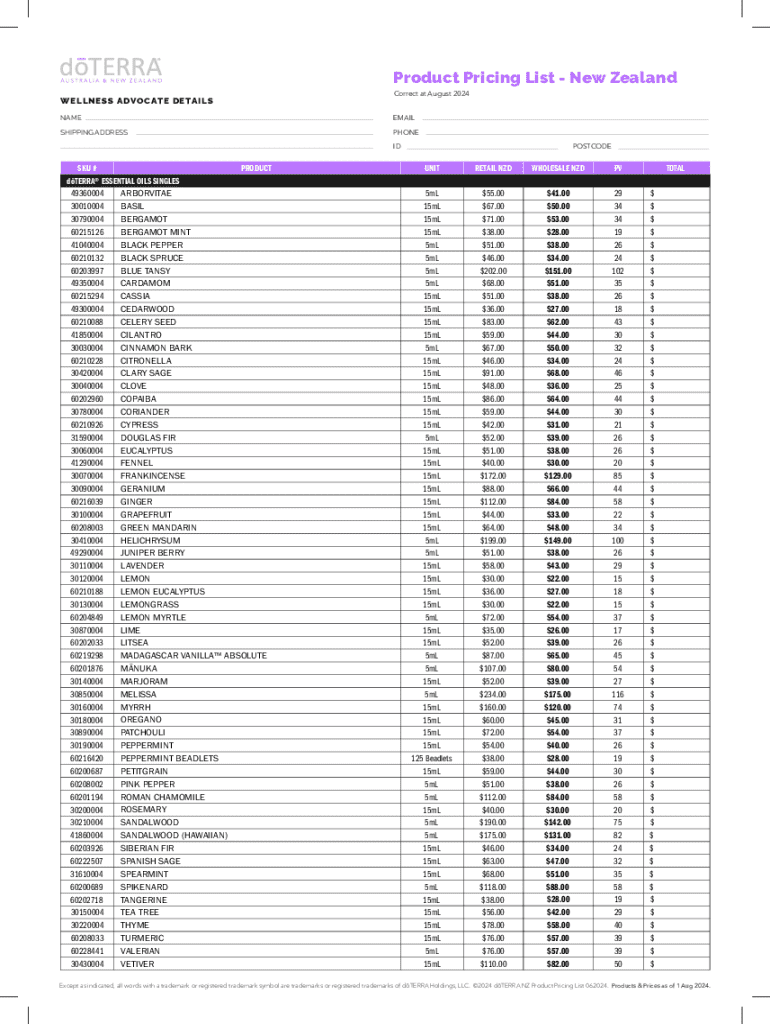 Fillable Online Product Pricing List - New Zealand Fax Email Print - pdfFiller