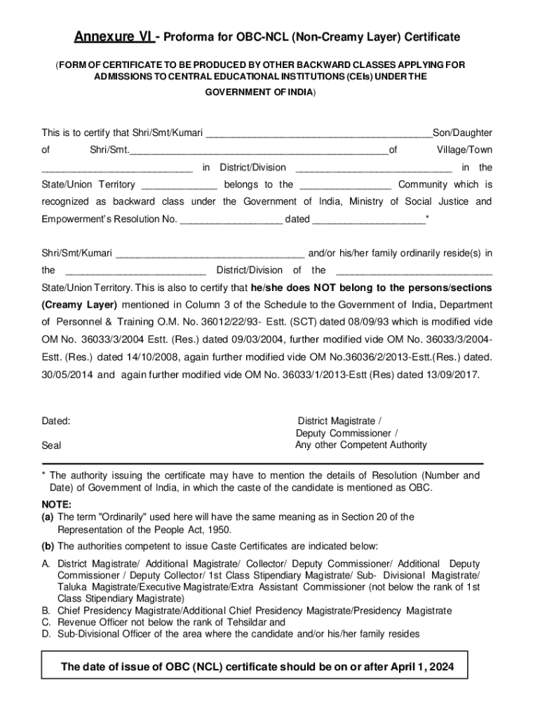 Fillable Online Obc-ncl Certificate Proforma for Admission 2024 Fax ...