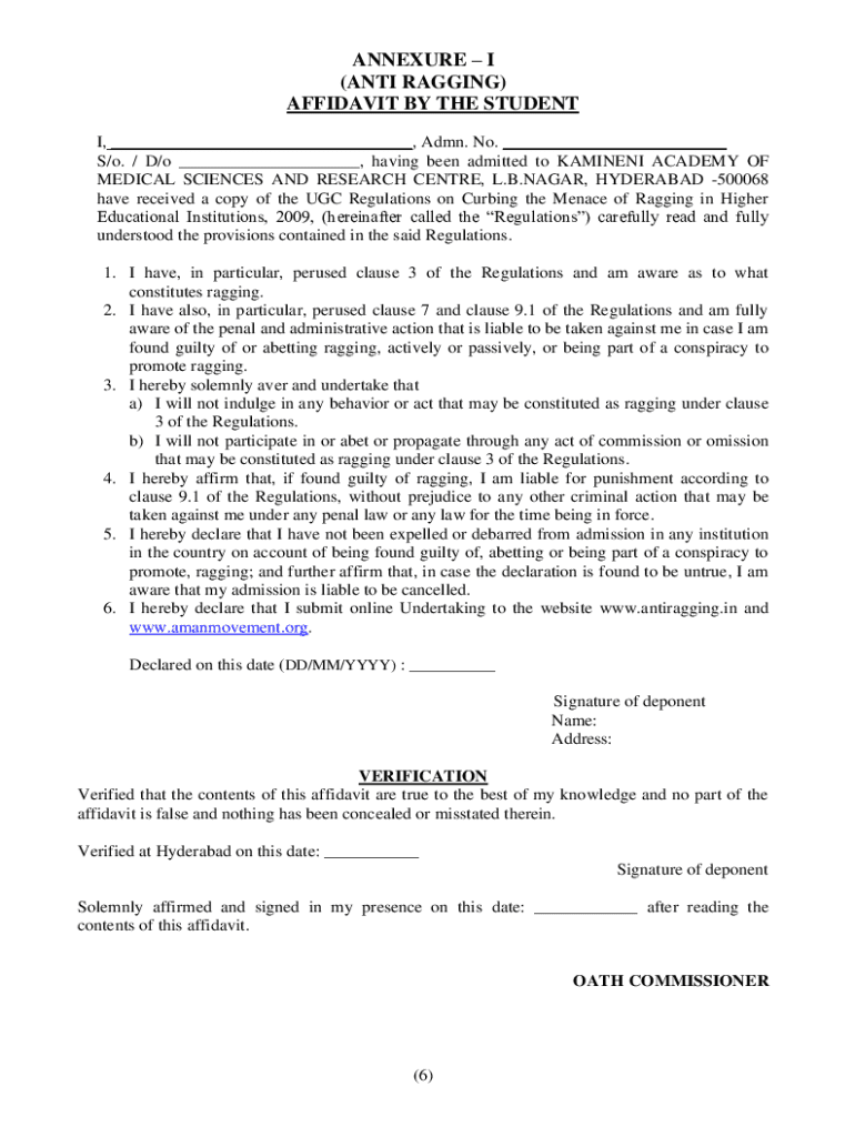 Fillable Online Affidavit for Anti Ragging Compliance - Kamineni ...