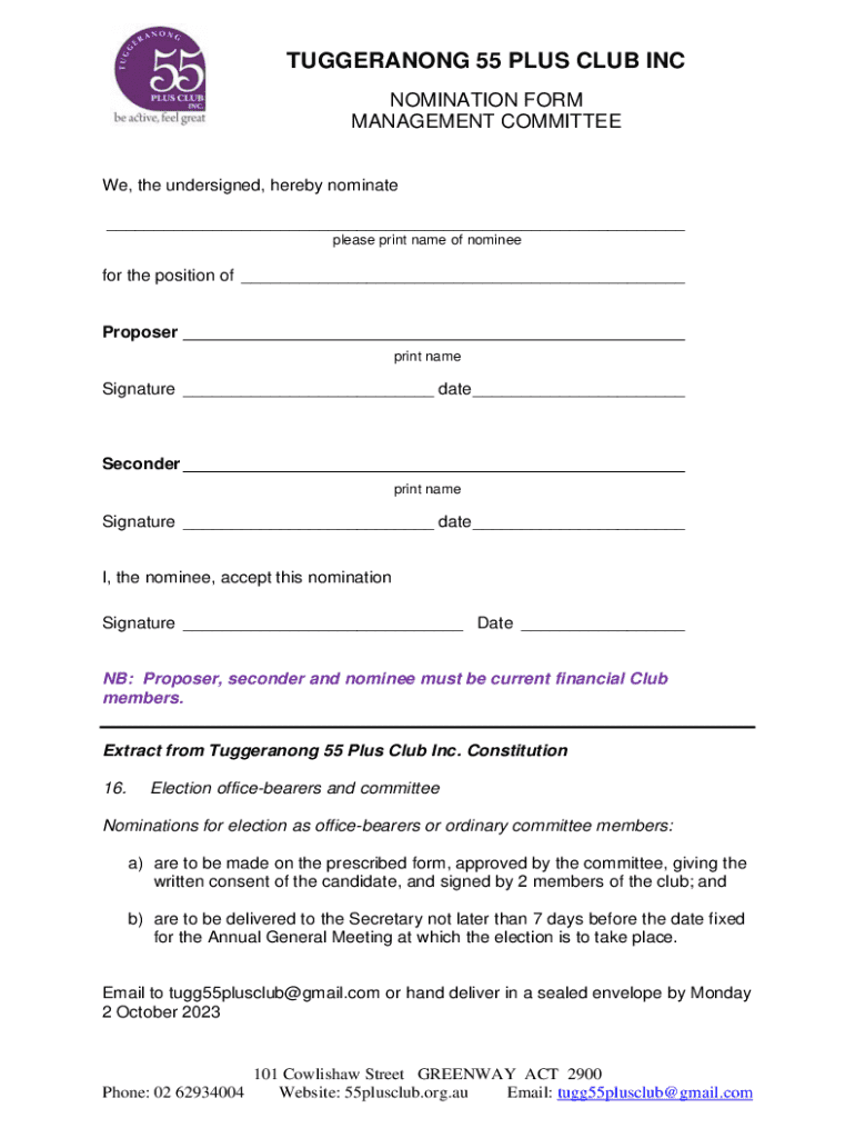 Fillable Online Club Nomination Form 2023 Fax Email Print - pdfFiller