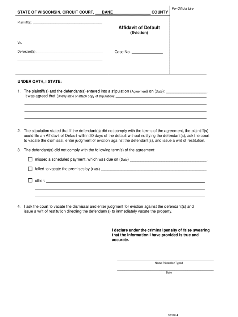 Fillable Online Affidavit of Default for Eviction in Wisconsin - 2024 ...