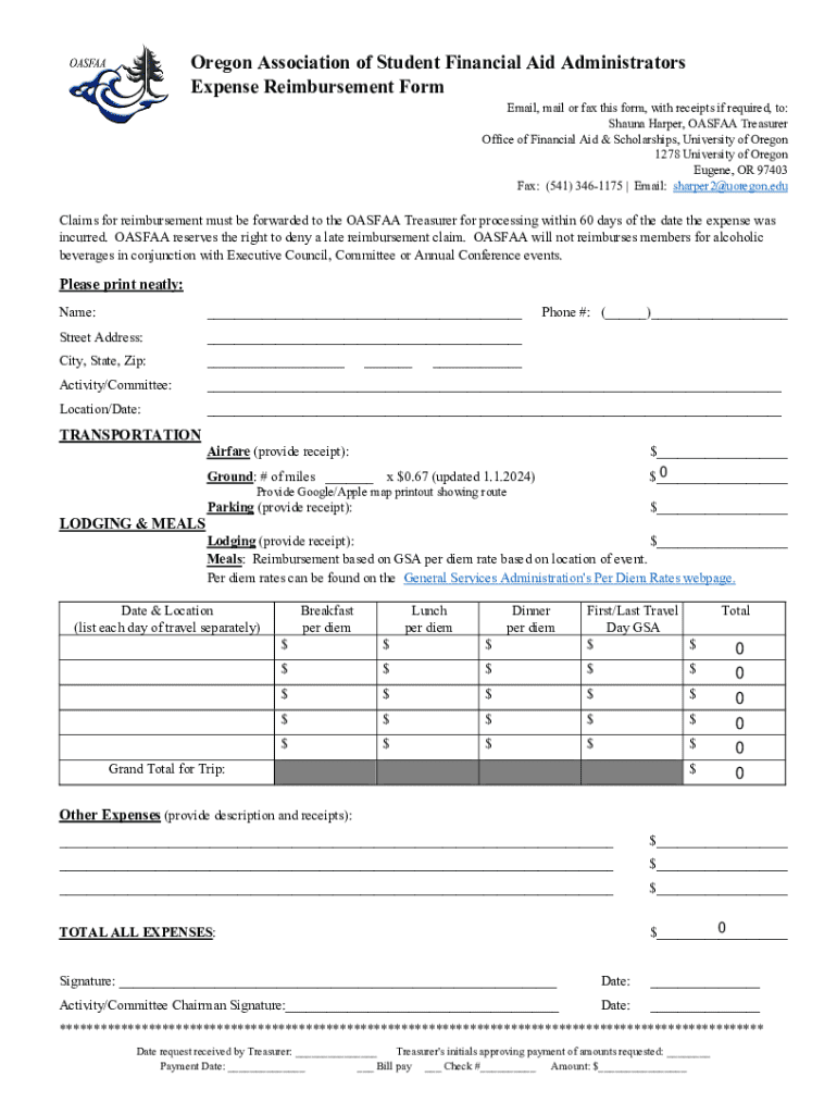 Fillable Online Oasfaa 2024 Expense Reimbursement Form for Financial Aid Claims Fax Email Print ...