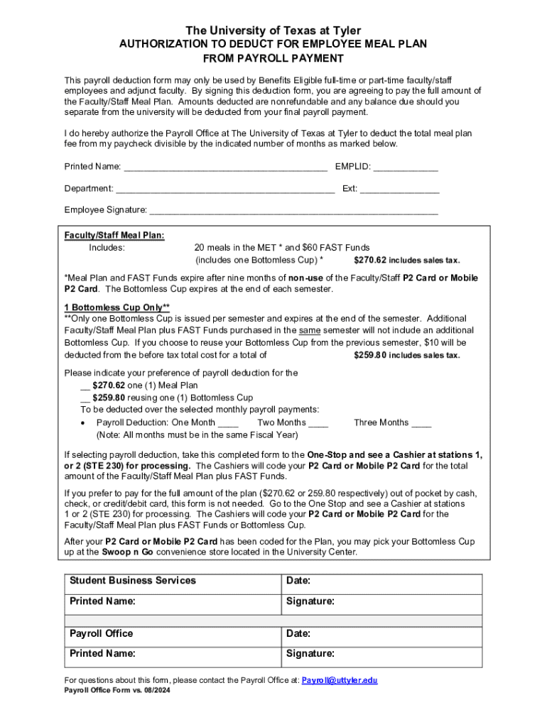 Fillable Online authorization to deduct for employee meal plan from ...