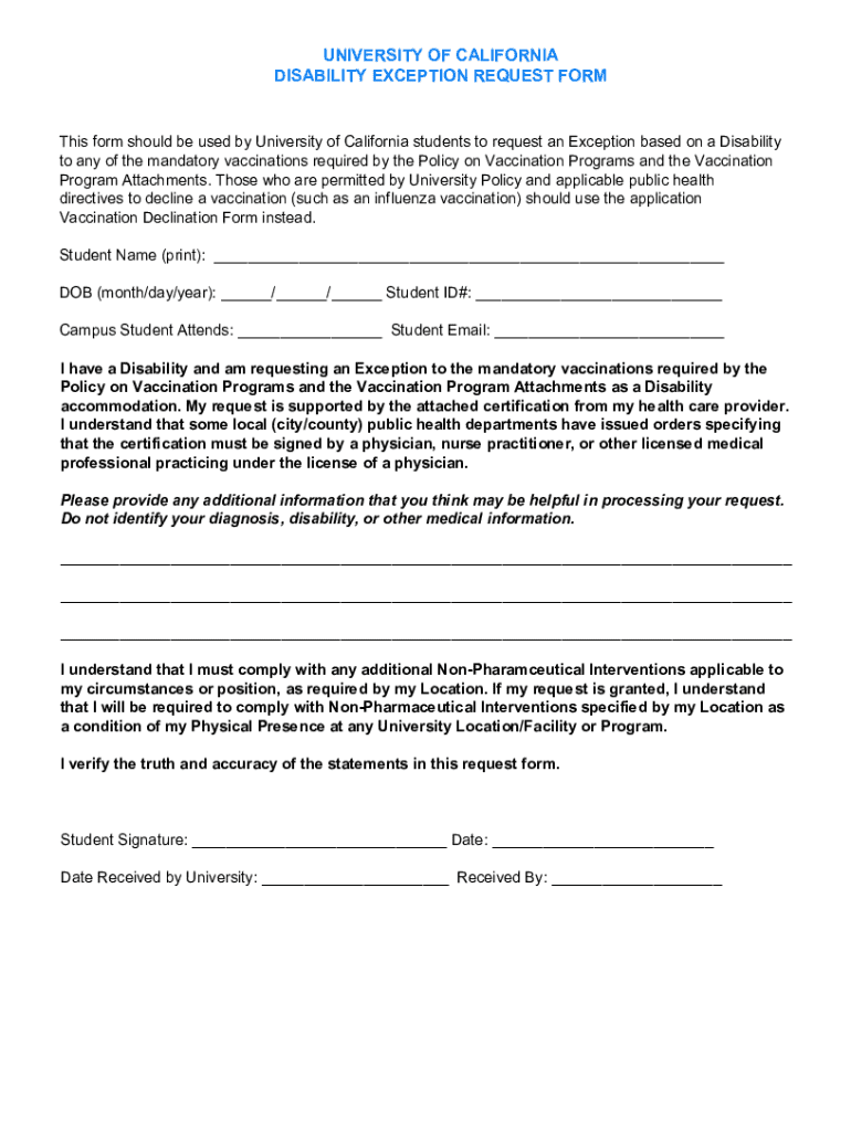 Fillable Online Disability Exception Request Form - University of ...