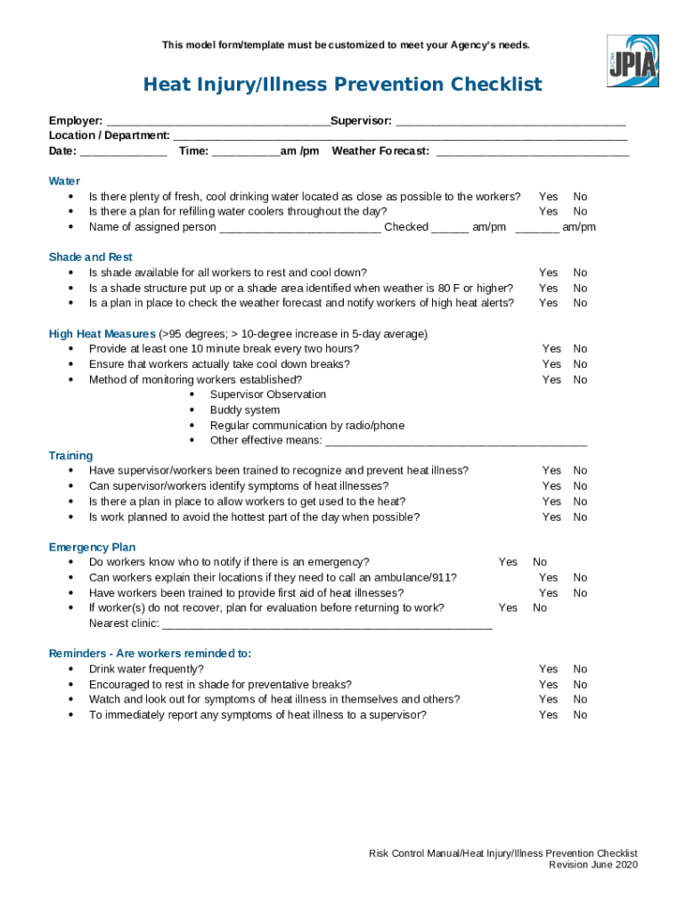 Employer Checklist for Outdoor and Indoor Heat-Related ... Doc Template ...