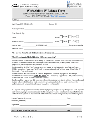 Fillable Online Workability Iv Release Form - California State ...