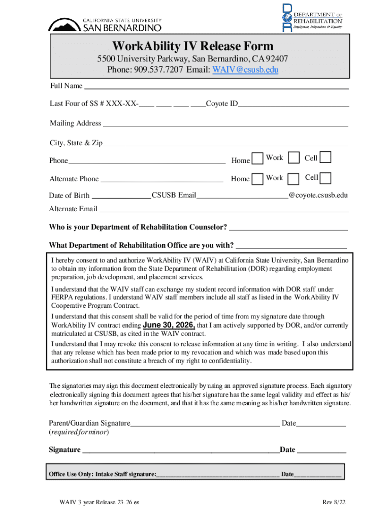 Fillable Online Workability Iv Release Form - California State ...