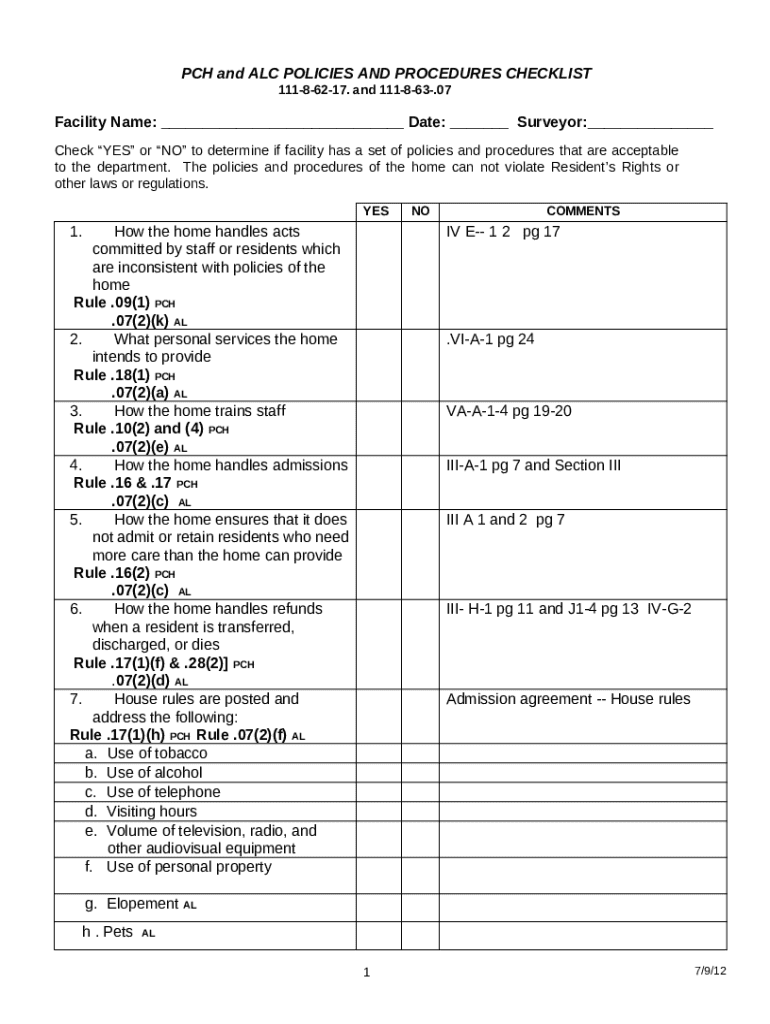 Pch and Alc Policies and Procedures Checklist Doc Template | pdfFiller