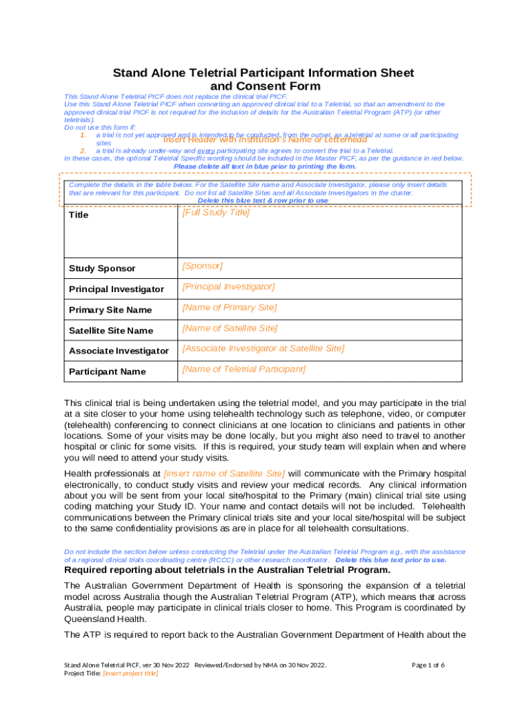 Stand Alone Teletrial Participant Ination Sheet and Consent Doc Template | pdfFiller