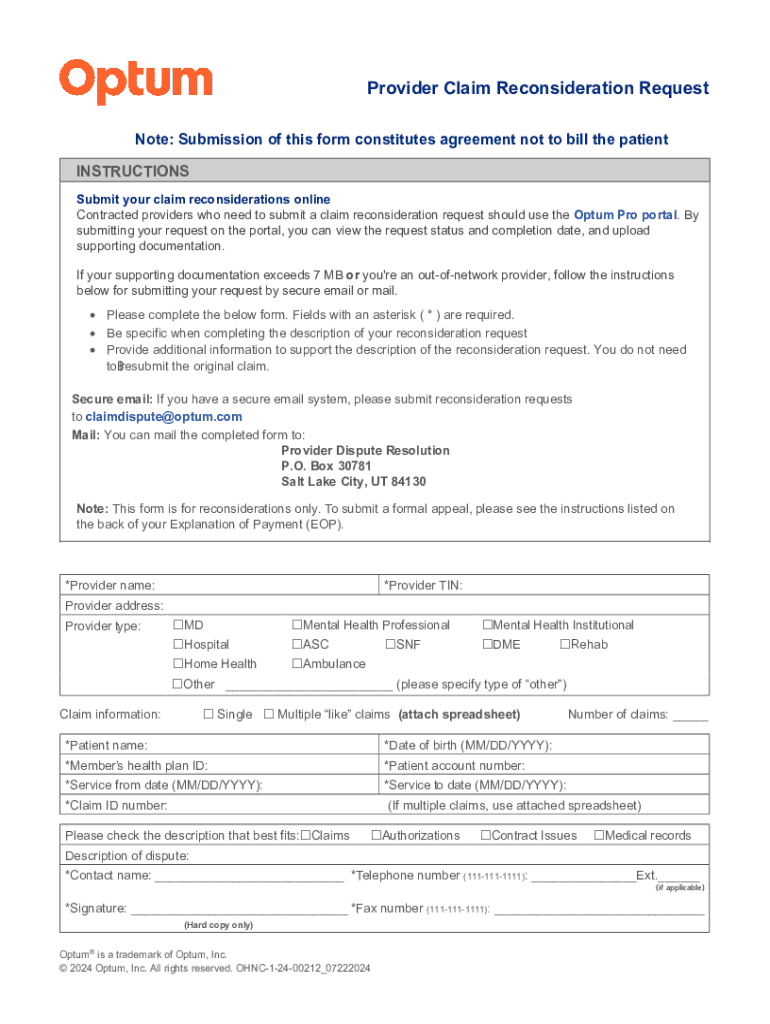 Fillable Online Provider Claim Reconsideration Request 2024 ...