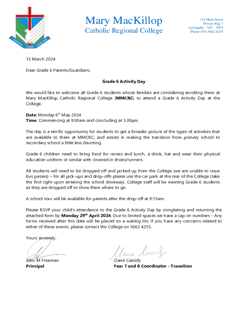 Fillable Online Grade 6 Activity Day at Mary Mackillop College - 2024 ...
