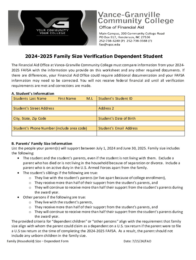 Fillable Online 2024-2025 Family Size Verification for Dependent Students | Vgcc Fax Email Print ...