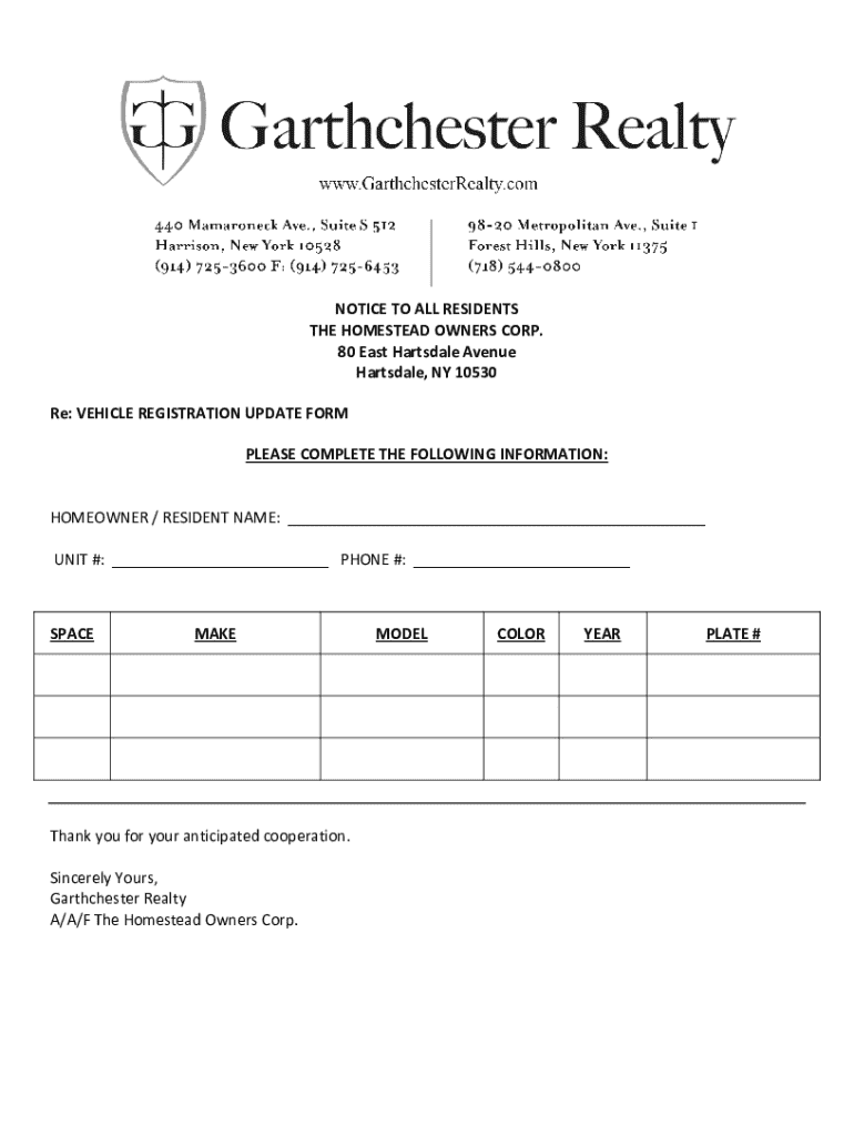 Fillable Online Vehicle Registration Update Form - Homestead Owners ...