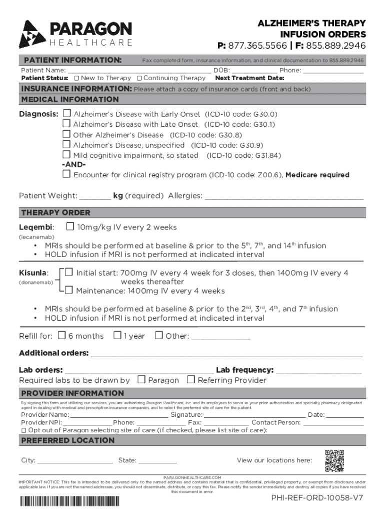 Fillable Online Alzheimer's Therapy Infusion Orders 2023 - Comprehensive Medical Documentation ...