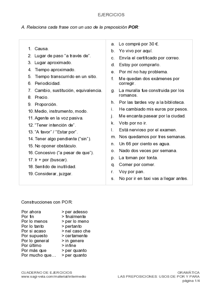 Rellenable en línea Las preposiciones: a, con, de, en, por, para Fax ...