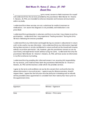 Fillable Online Reiki Treatment Consent Form - Dr. Victoria E. Stevens ...