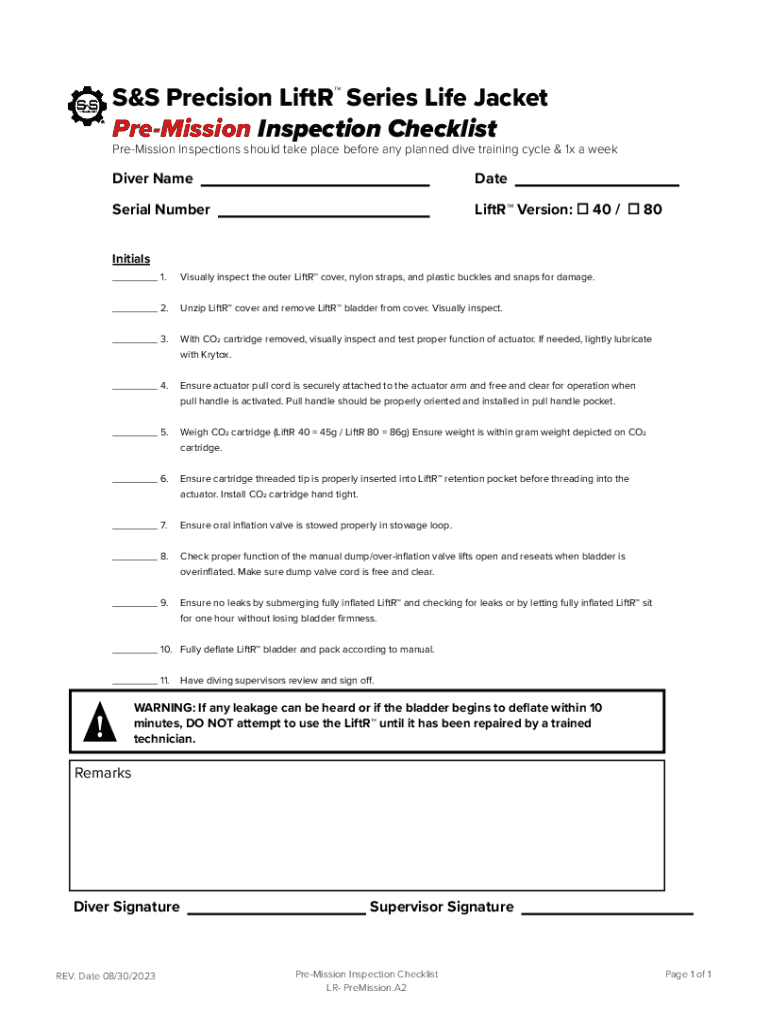 Fillable Online Pre-Mission Inspection Checklist - S&S Precision Fax Email Print - pdfFiller