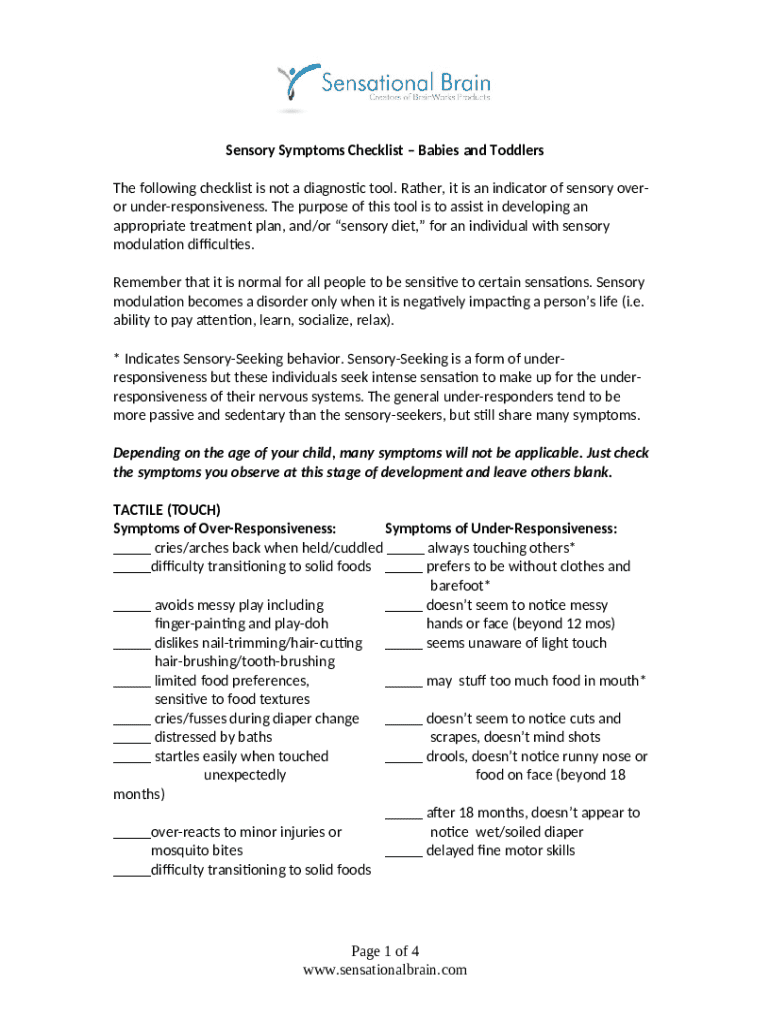 Sensory Symptoms Checklist - Babies and Toddlers Doc Template | pdfFiller