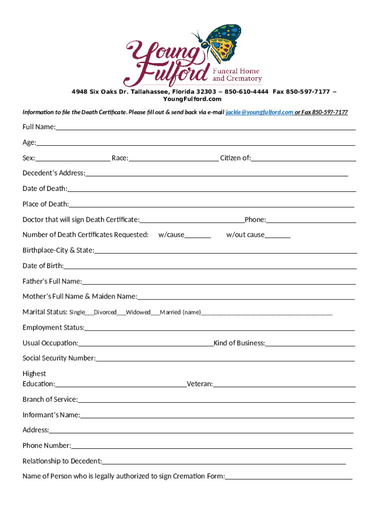 Online Young Fulford Funeral Home Doc Template | pdfFiller