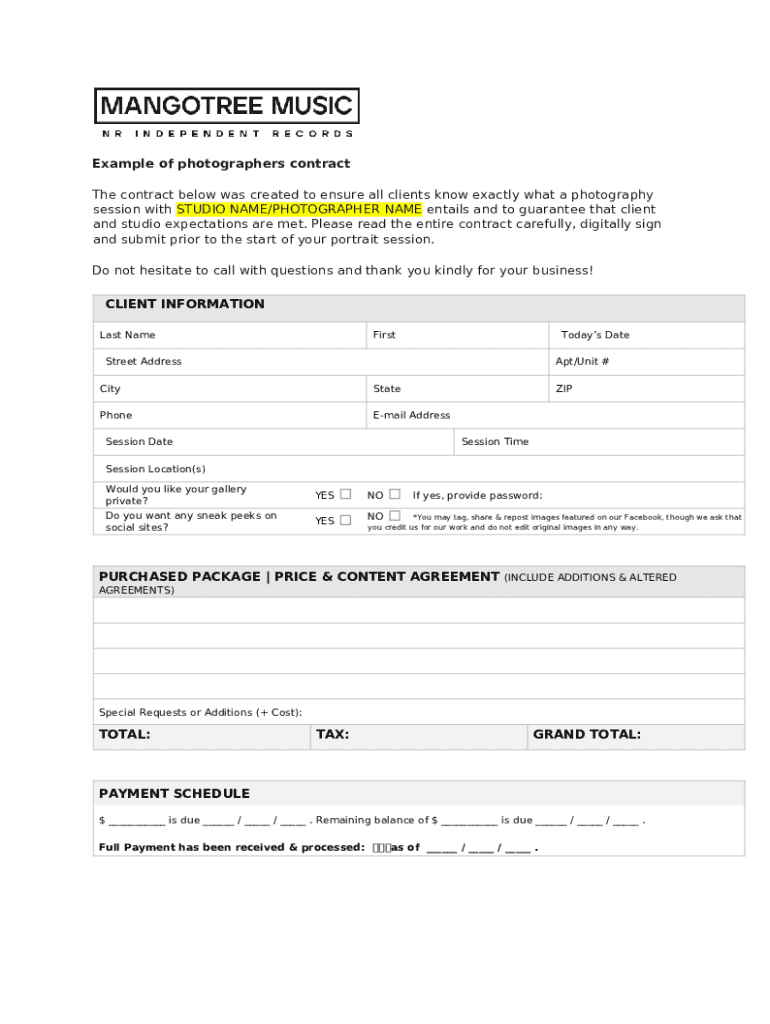 Free Photography Contract Template Collection Doc Template | pdfFiller