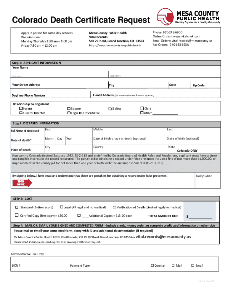 Fillable Online Mesa County Vital Records (CO): Birth and Death ...