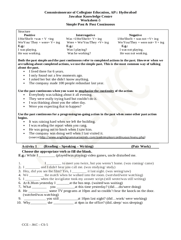 Simple Past & Past Continuous Doc Template | pdfFiller