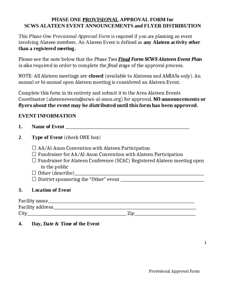 SCWS Alateen Event Plan Provisional Approval Doc Template | pdfFiller