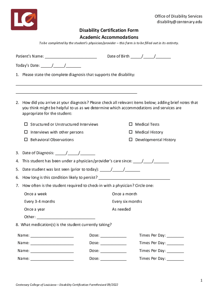 Fillable Online Disability Certification Form Academic Accommodations ...