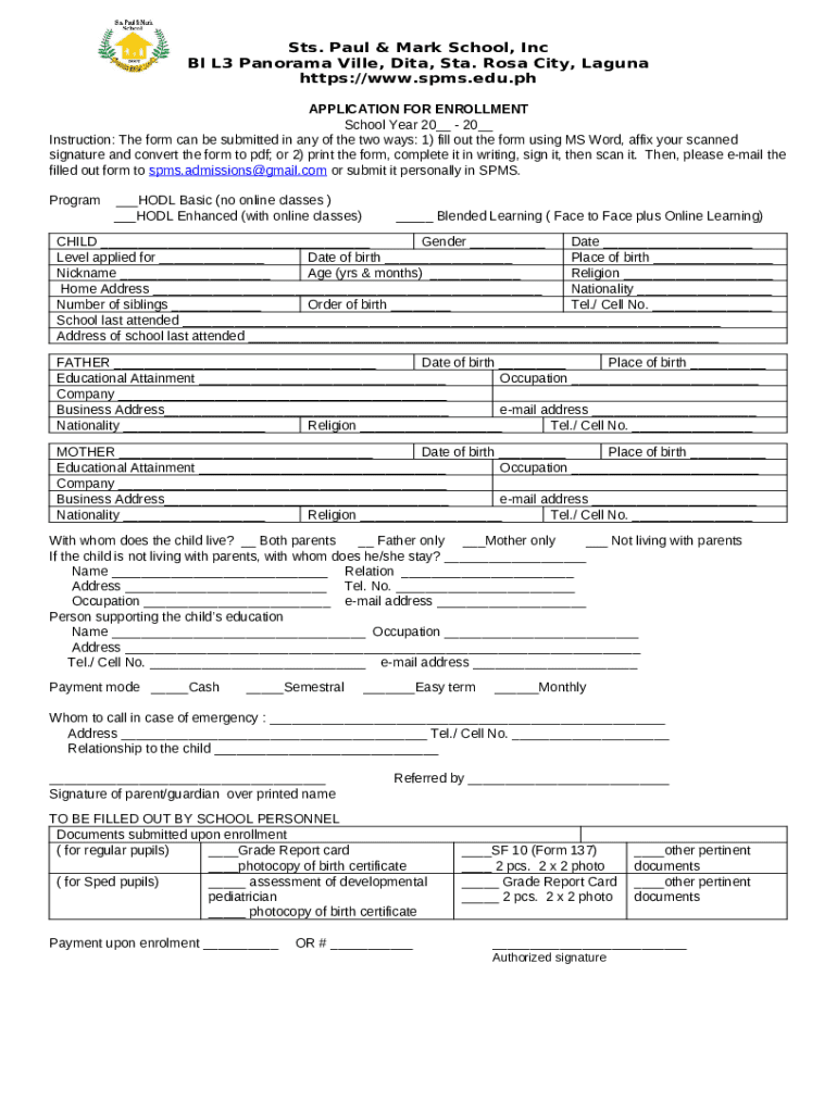 Download SPMS Application for Enrollment Doc Template | pdfFiller