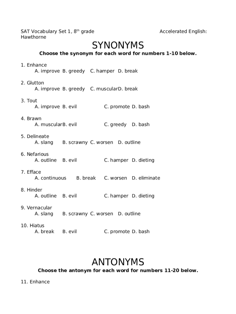 SAT Vocabulary Exercise: Synonyms and Antonyms Doc Template | pdfFiller