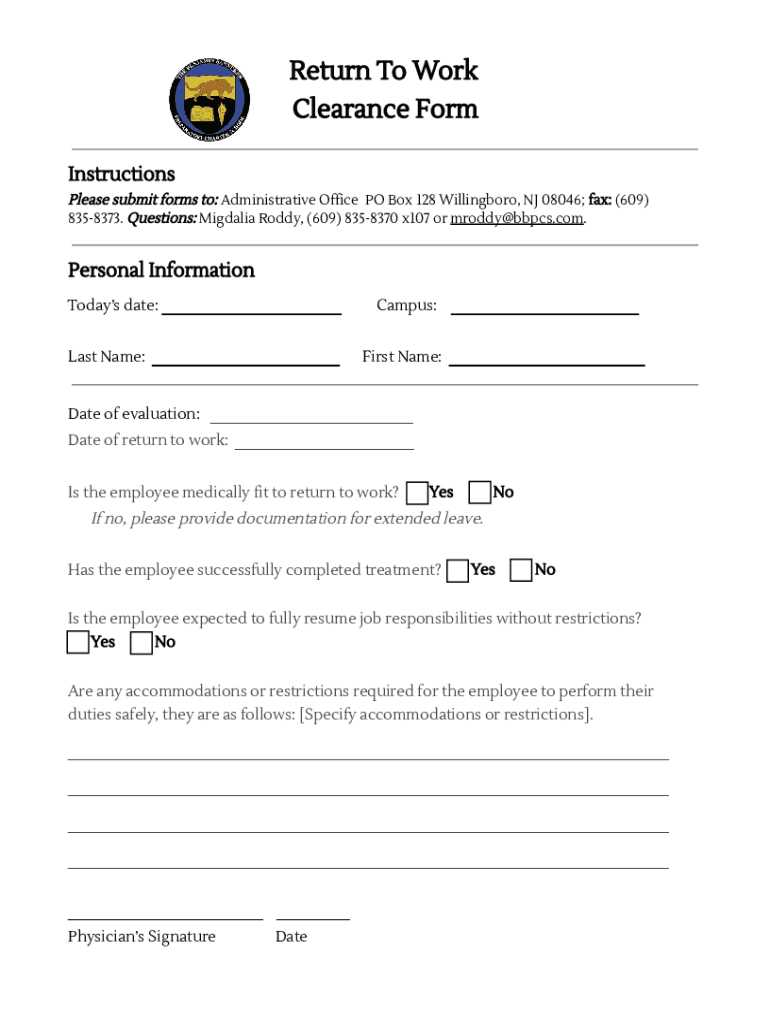 Fillable Online Return Work Form Fax Email Print - pdfFiller
