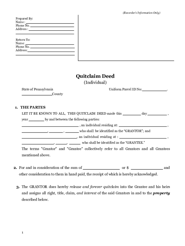Fillable Online Pennsylvania Quitclaim Deed Template Fax Email Print - pdfFiller