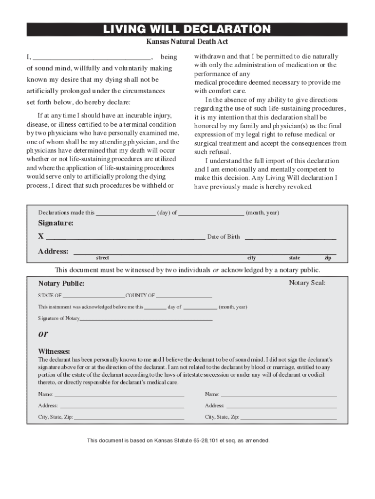 Fillable Online Kansas Living Will Declaration - Legal Form Fax Email ...