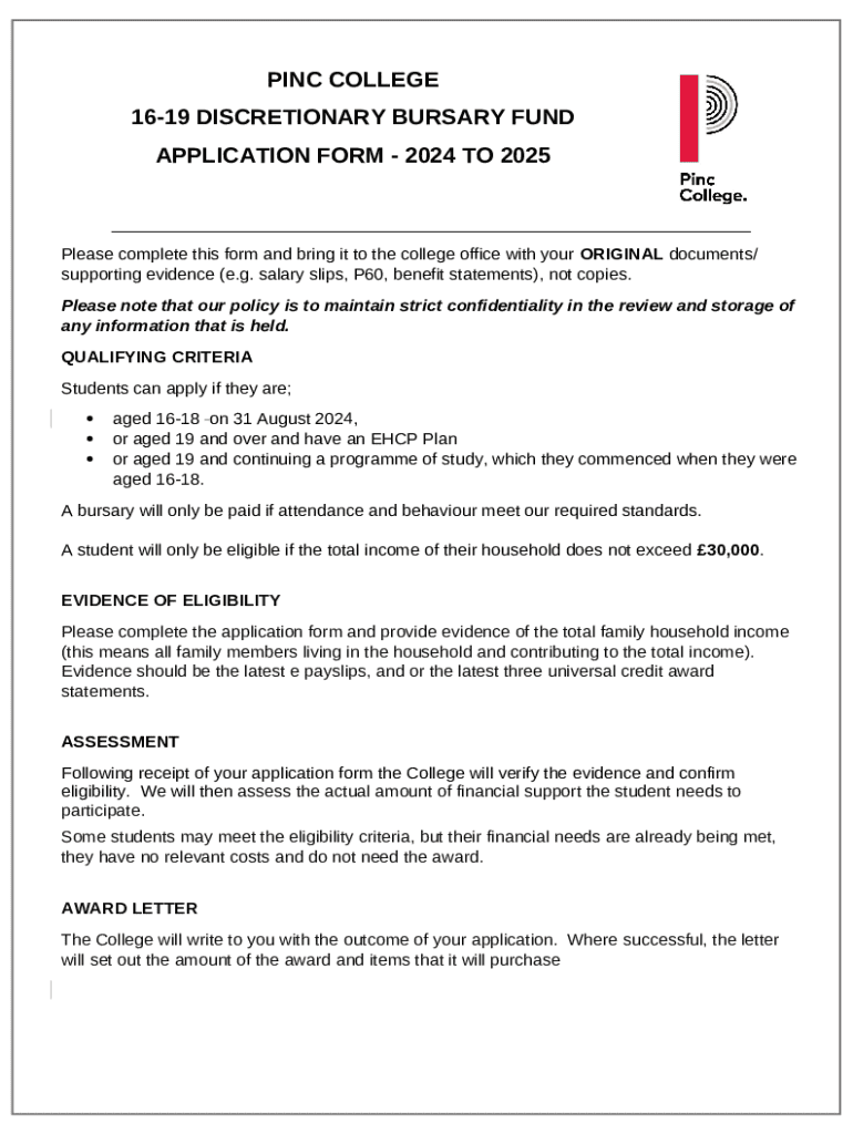 PINC-16-19-19-Discretionary-Bursary-Application-- ... Doc Template | pdfFiller