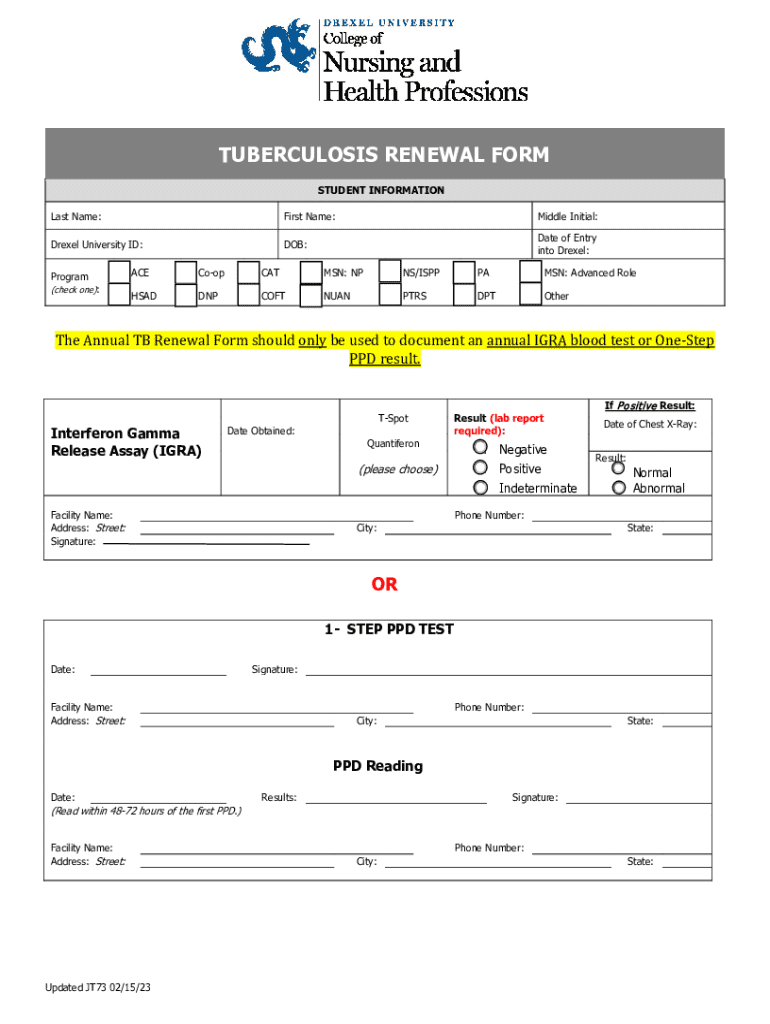 Fillable Online Tuberculosis (TB) Screening Update Form - OTC ...