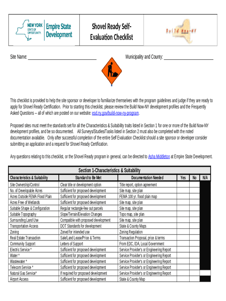 Shovel Ready Self Evaluation Checklist - NY.gov - esd ny Doc Template ...