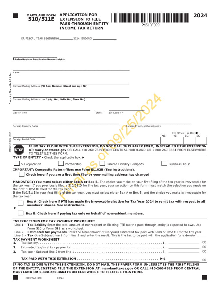 Fillable Online Tax Year 2023 510/511E Application for Extension to File Pass-Through Entity ...