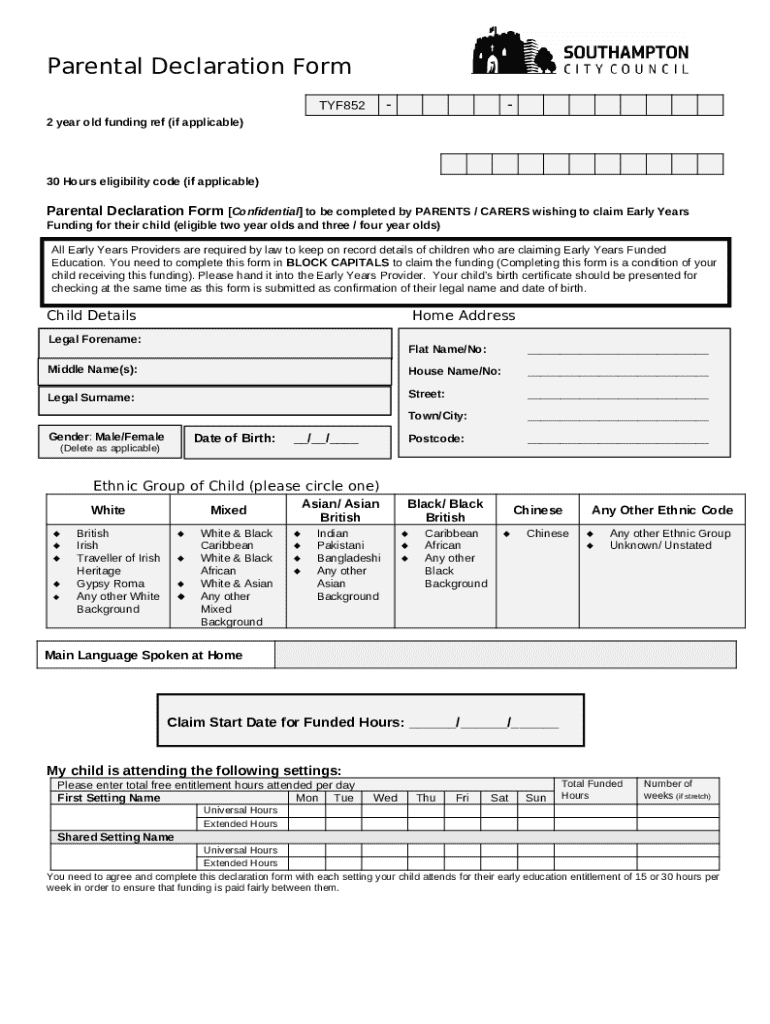 Free childcare entitlementsparental declaration Doc Template | pdfFiller