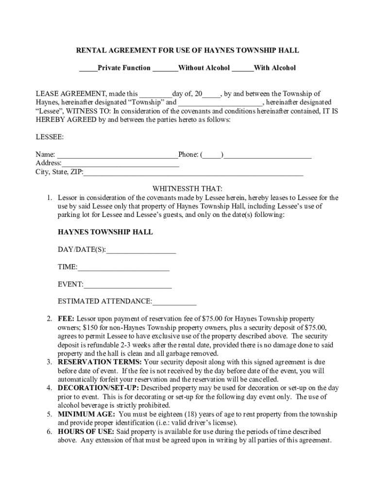 Fillable Online Haynes Township Hall Rental Agreement.doc Fax Email ...