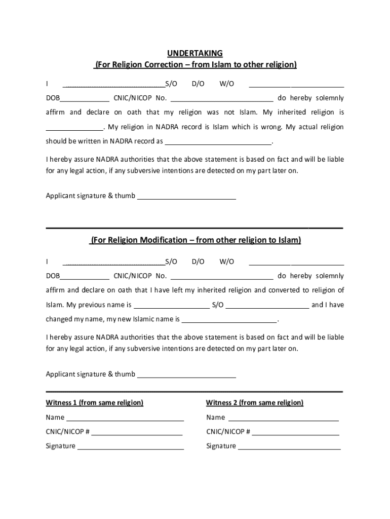 Fillable Online Religion Change Affidavit /Undertaking NADRA format Fax ...