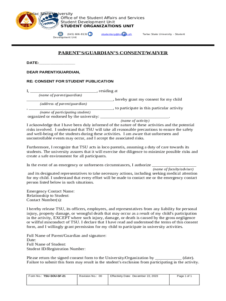 Parent'S / Guardian Consent and Waiver PDF Doc Template | pdfFiller