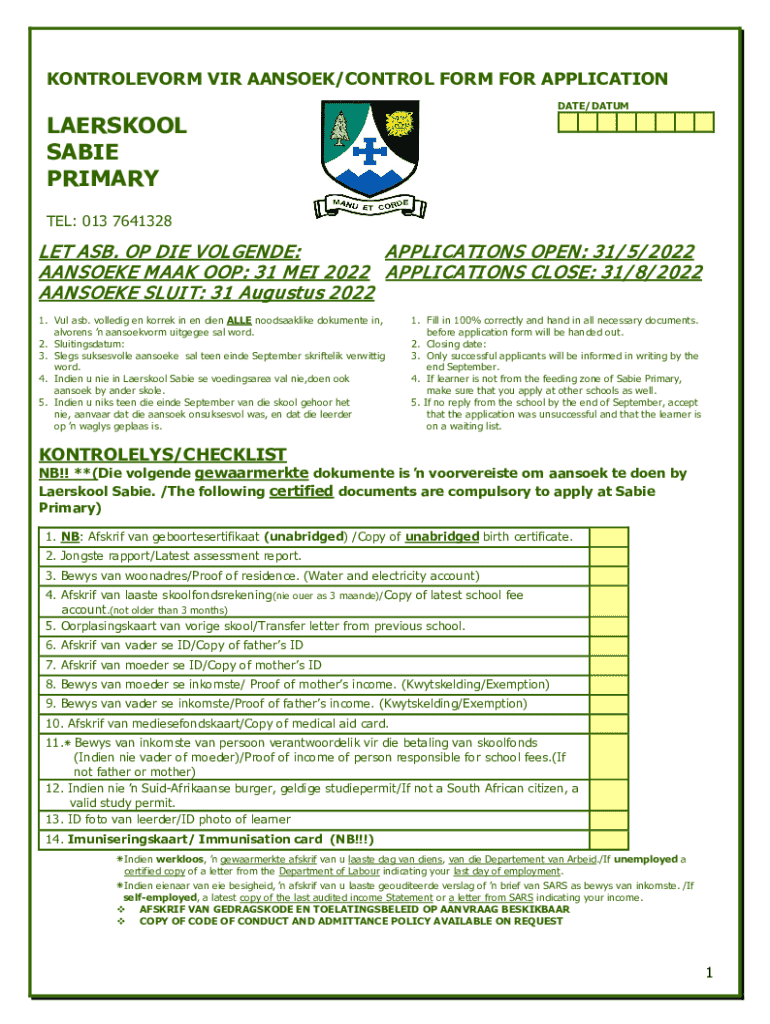 Fillable Online kontrolevorm vir aansoek/control form for application ...