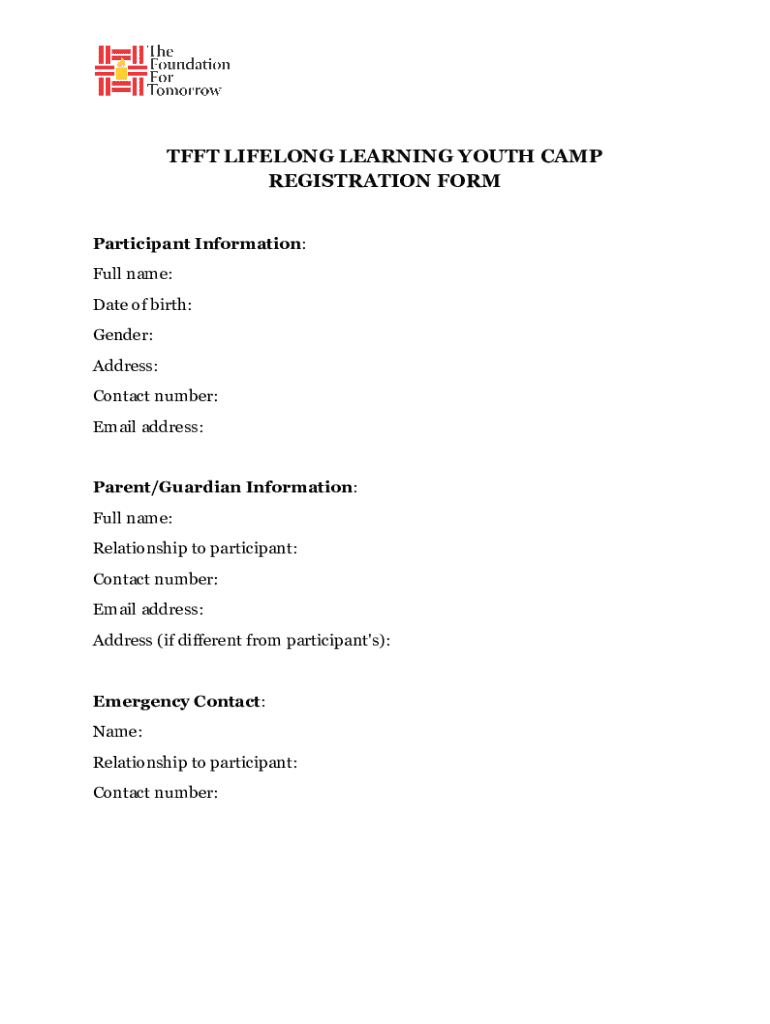 Fillable Online tfft lifelong learning youth camp registration form Fax Email Print - pdfFiller