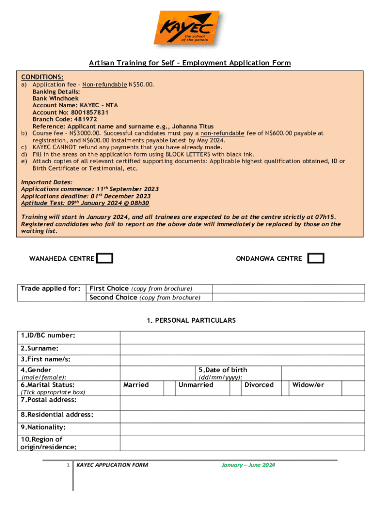 Fillable Online Artisan Training for SelfEmployment Application Form Fax Email Print - pdfFiller