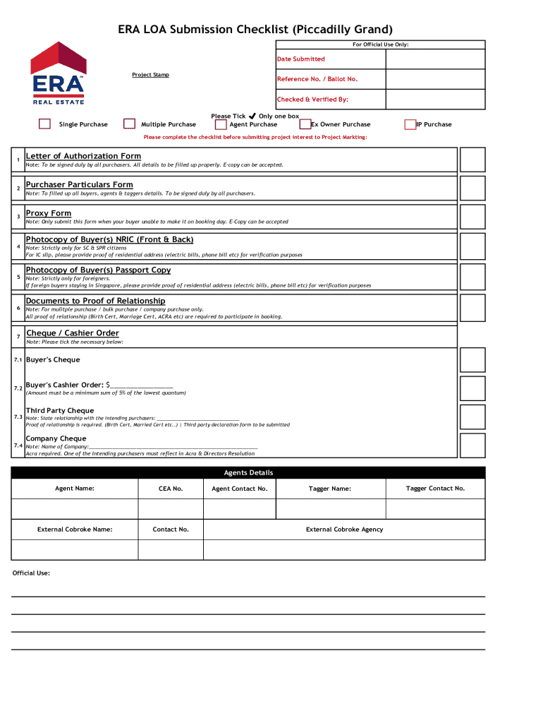 Fillable Online ERA LOA Submission Checklist (Piccadilly Grand) Fax ...