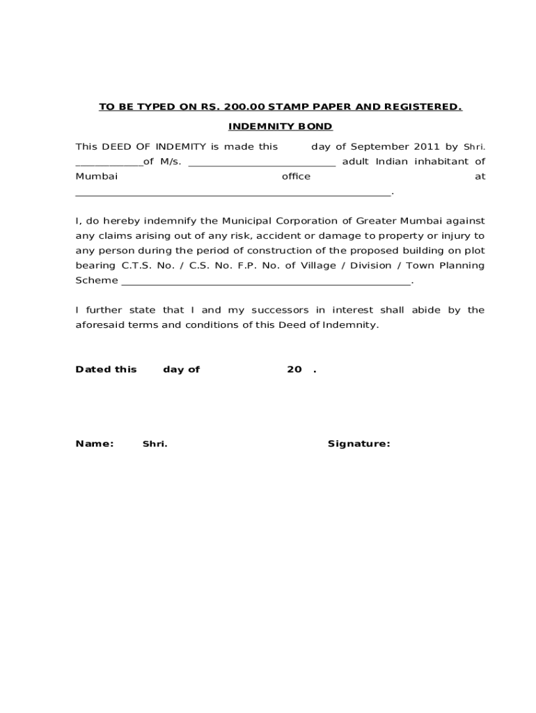 Indemnity Bond at for Free Issue Materials Doc Template | pdfFiller