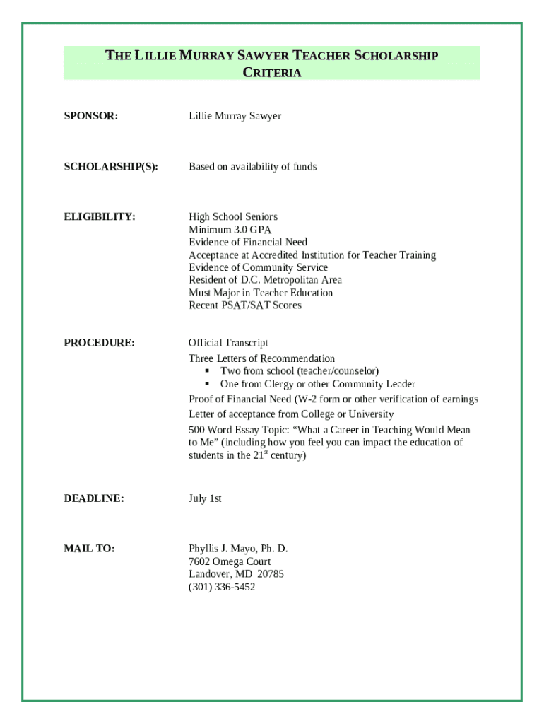THE LILLIE MURRAY SAWYER TEACHER SCHOLARSHIP Doc Template | pdfFiller