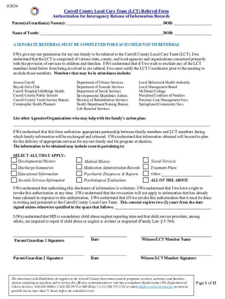Fillable Online Carroll County Local Care Team (LCT) Referral Form ...