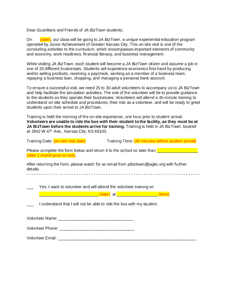 Sample Parent Volunteer Letter Doc Template | pdfFiller