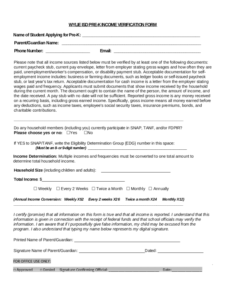 Pre-K Income Verification Doc Template | pdfFiller